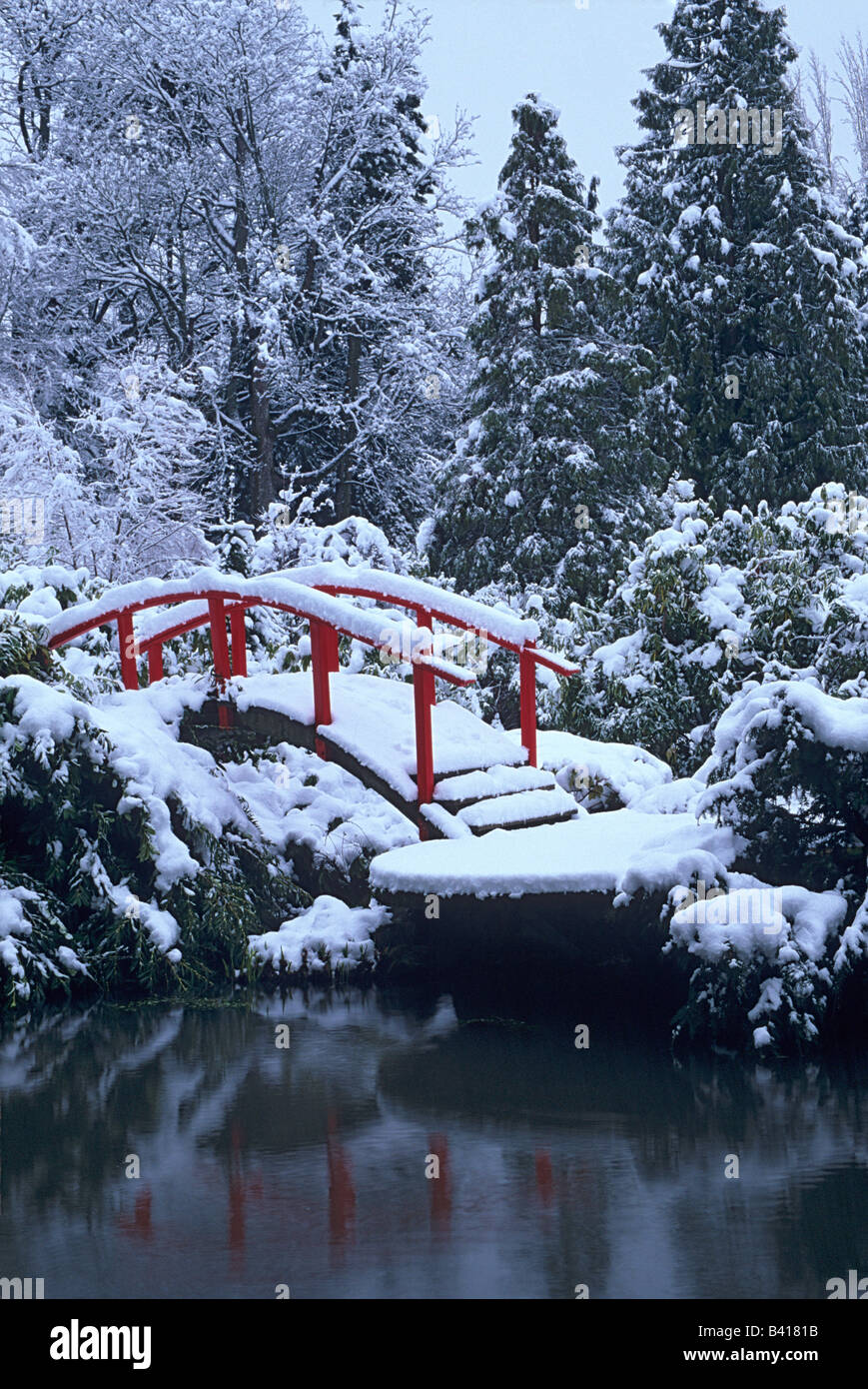WA, Seattle, Moon bridge and pond after winter snow storm; Kubota ...