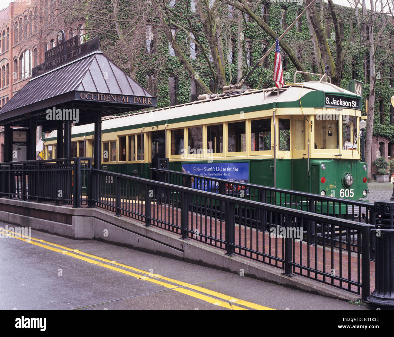 WA, Seattle, Waterfront Street car at historic Occidental Park Stock ...