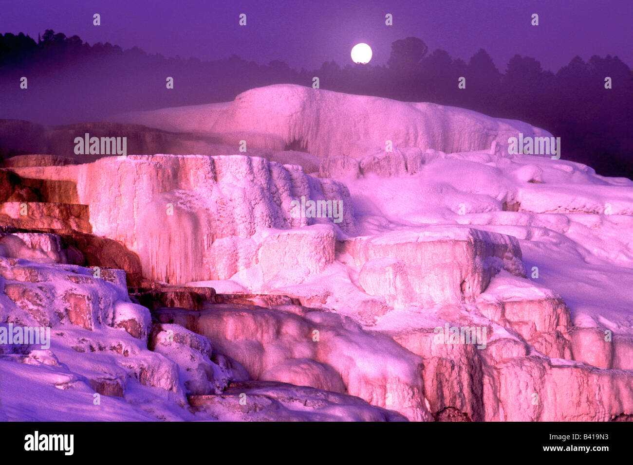 USA, Wyoming, Yellowstone National Park. Moonset over Minerva Springs ...