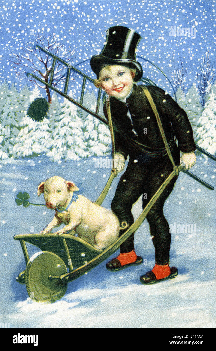 festivity, New Year, chimney sweeper, shifting barrow, pig, shamrock ...