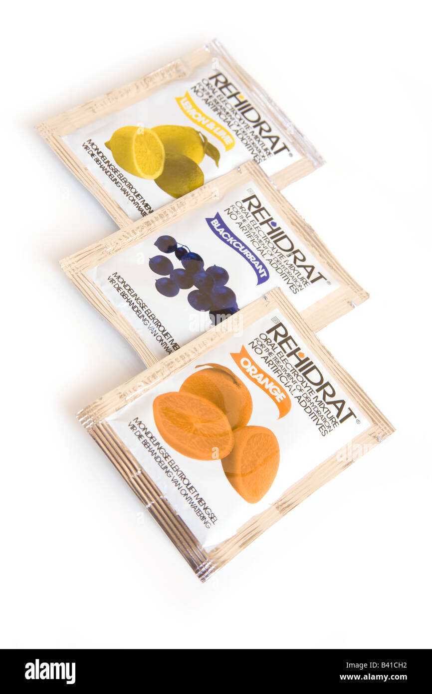 Rehidrate electrolyte sachets isolated on a white studio background ...