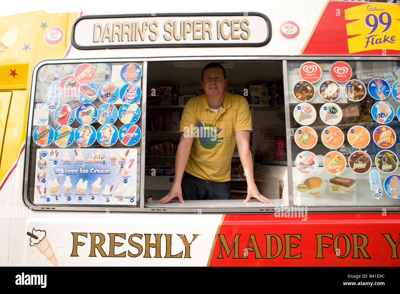 An icecream man stands in his van in Sunderland, England Stock Photo ...