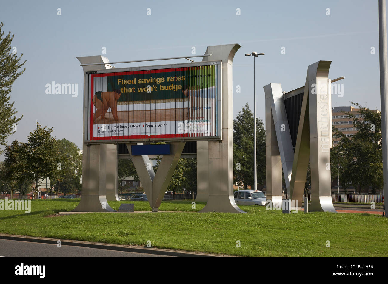Advertising display in M shape in Manchester UK Stock Photo - Alamy