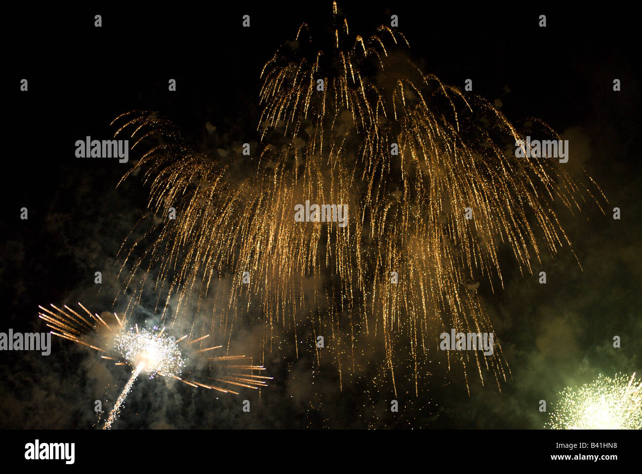 Fireworks explosion frozen by a fast shutter speed over Lake Suwa ...