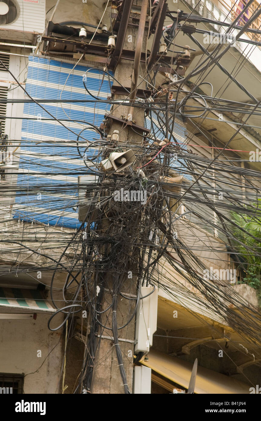Messy electrical cable pole in downtown Hanoi, Vietnam Stock Photo - Alamy