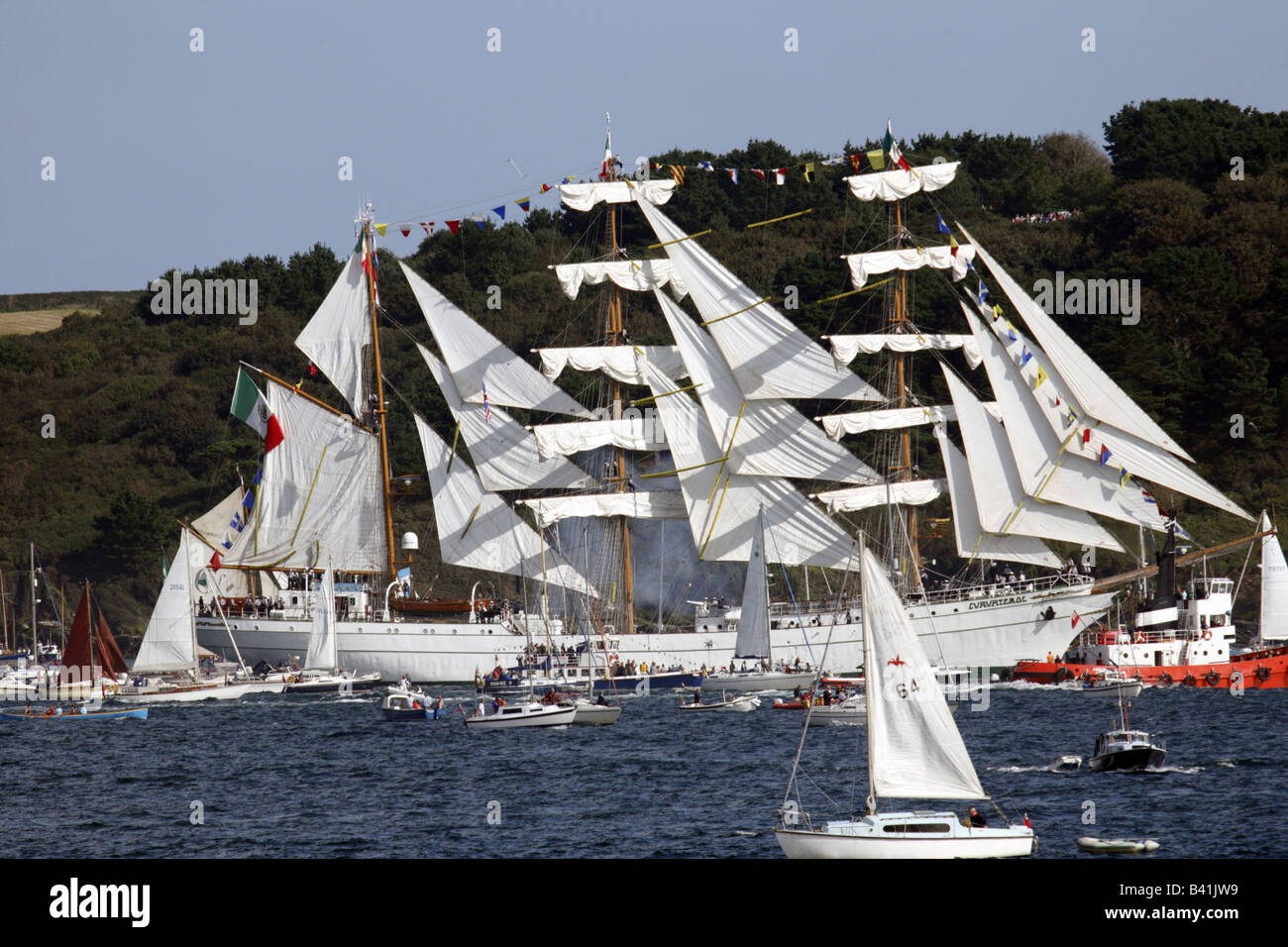 Three Masted Barque Cuauhtemoc setting sail from Falmouth on the Tall ...