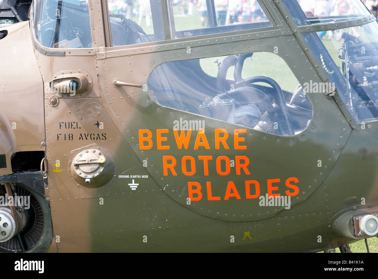 Warning to beware of rotor blades on Scout helicopter Stock Photo - Alamy