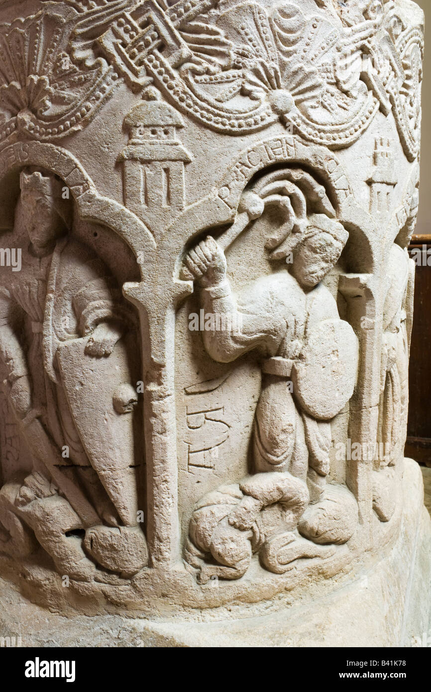 The wonderfully carved Norman font in St Peters church in the Cotswold ...