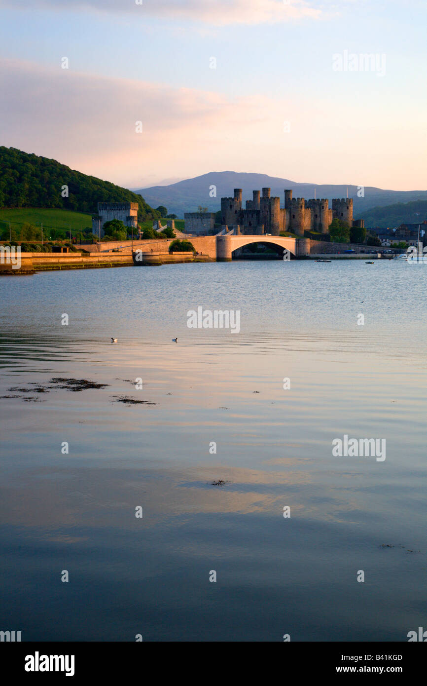 Conway Bridges and Castle across the estuary Conway Wales Stock Photo ...