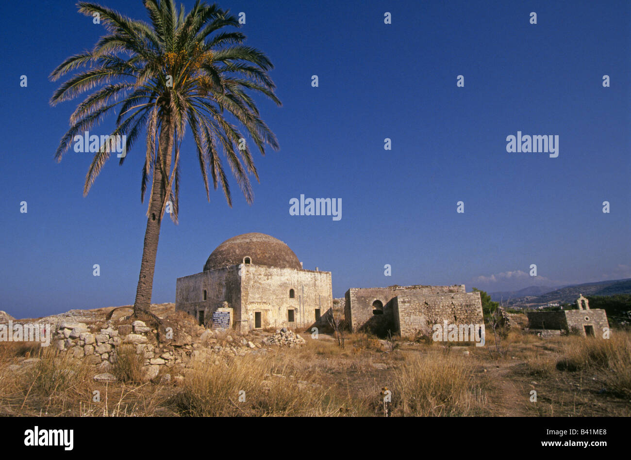 The ruins of an ancient Greek Orthodox church on a hill above the town ...