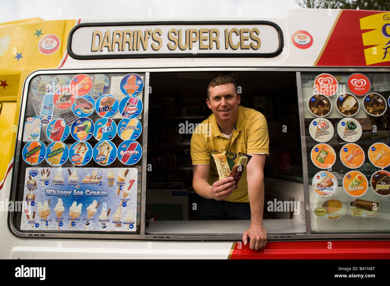 An icecream man stands in his van in Sunderland, England Stock Photo ...