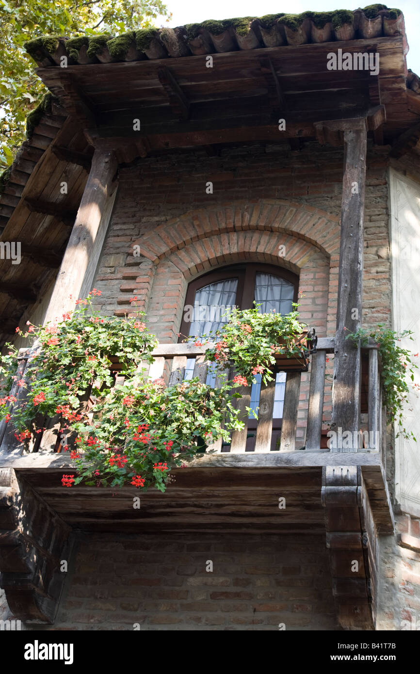 Cute little balcony in medieval house. Grazzano Visconti, Emilia ...