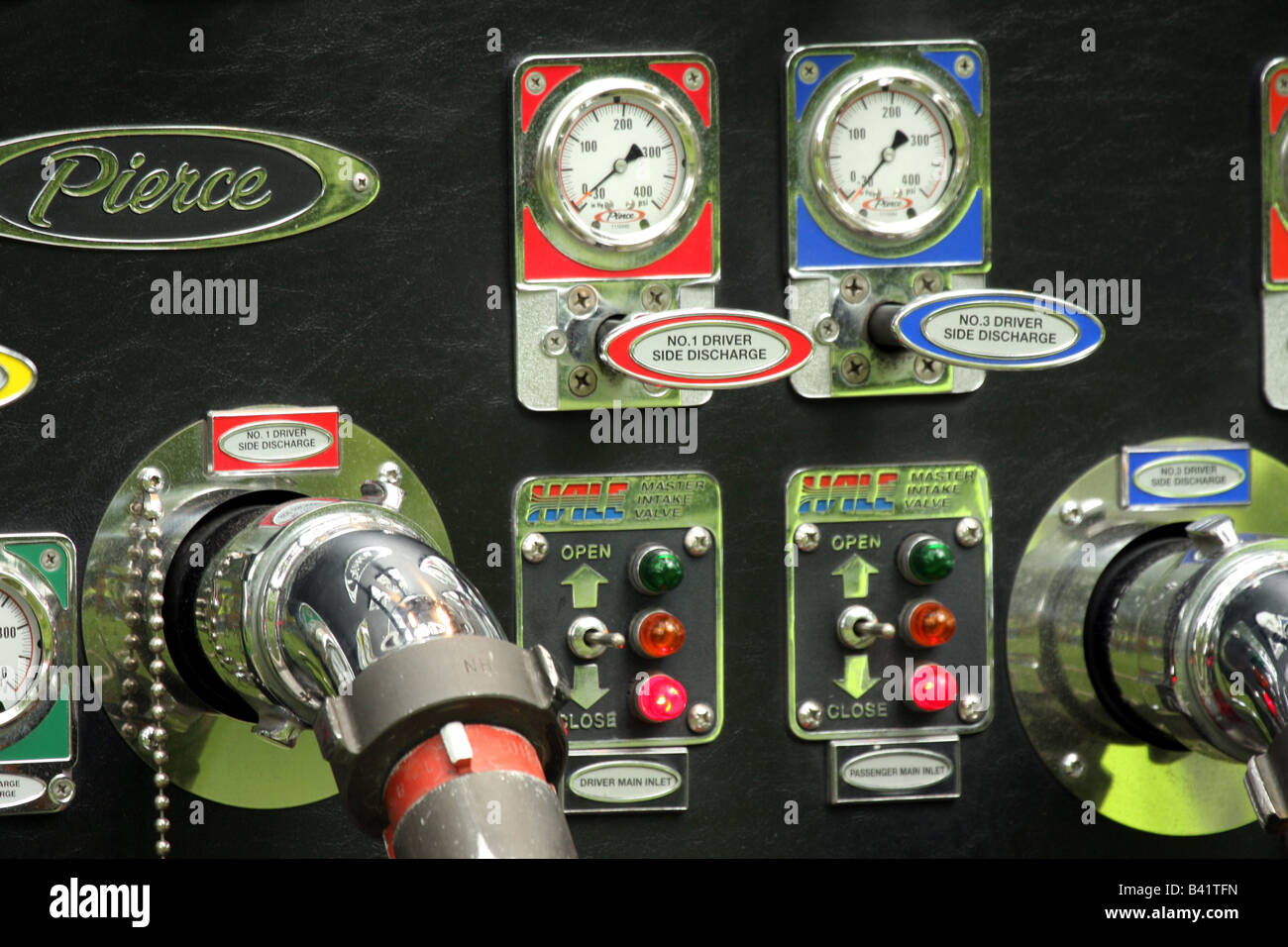 Controls of a fire engine pumper for regulating water pressure Stock ...
