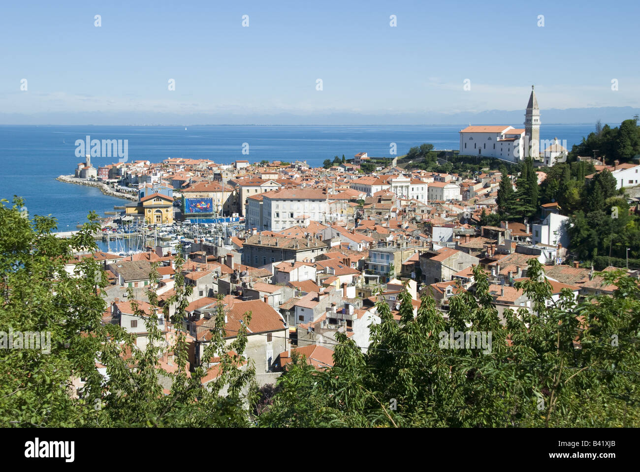 Panorama of the historic town and port of Piran, Slovenia Stock Photo ...