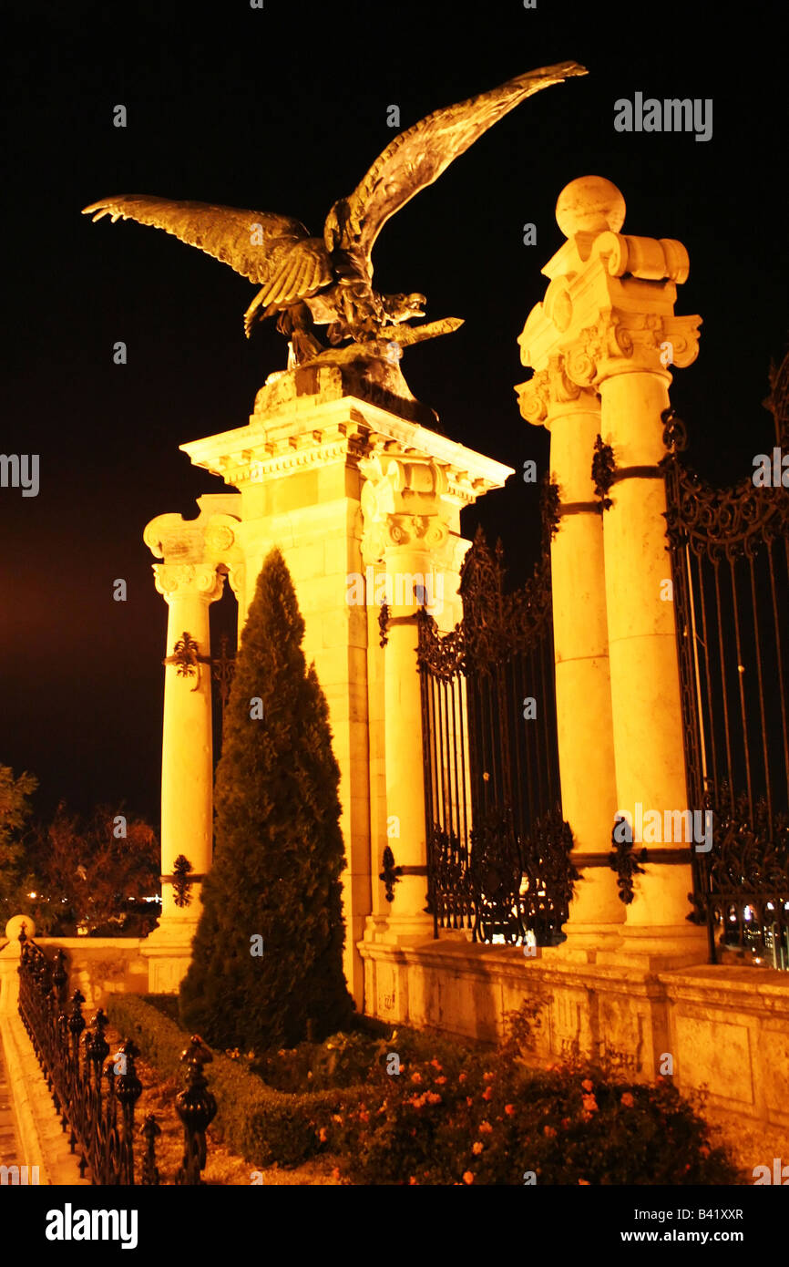 Turul bird monument over King Palace in the night Hungary Budapest ...