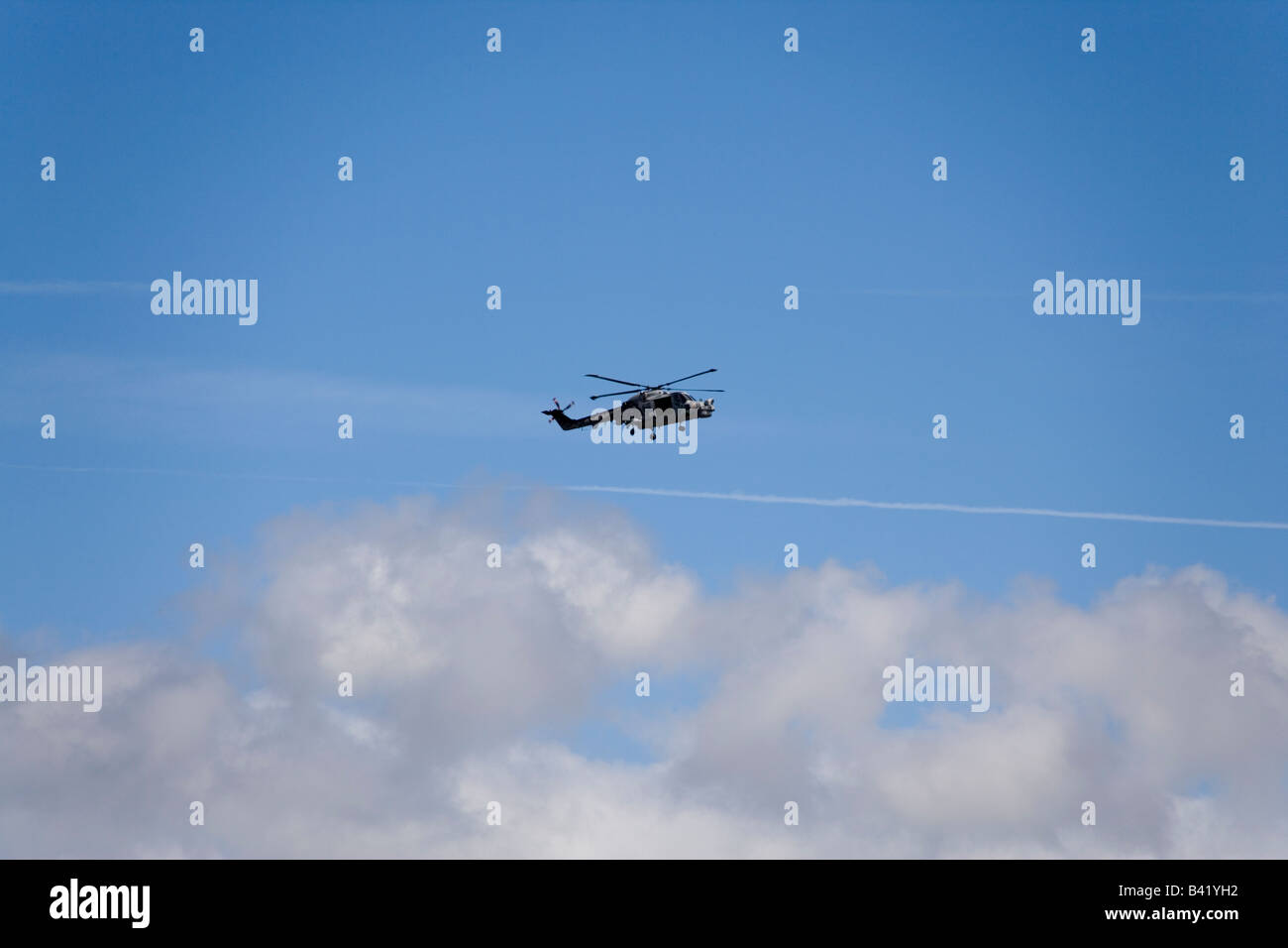 Royal Navy Lynx Helicopter flying over Liverpool and the Mersey River ...