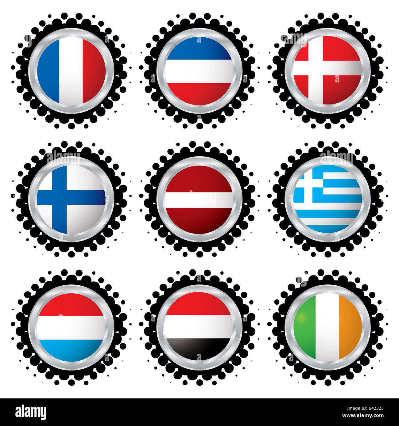 Halftone flag buttons with flags from around the world Stock Photo - Alamy