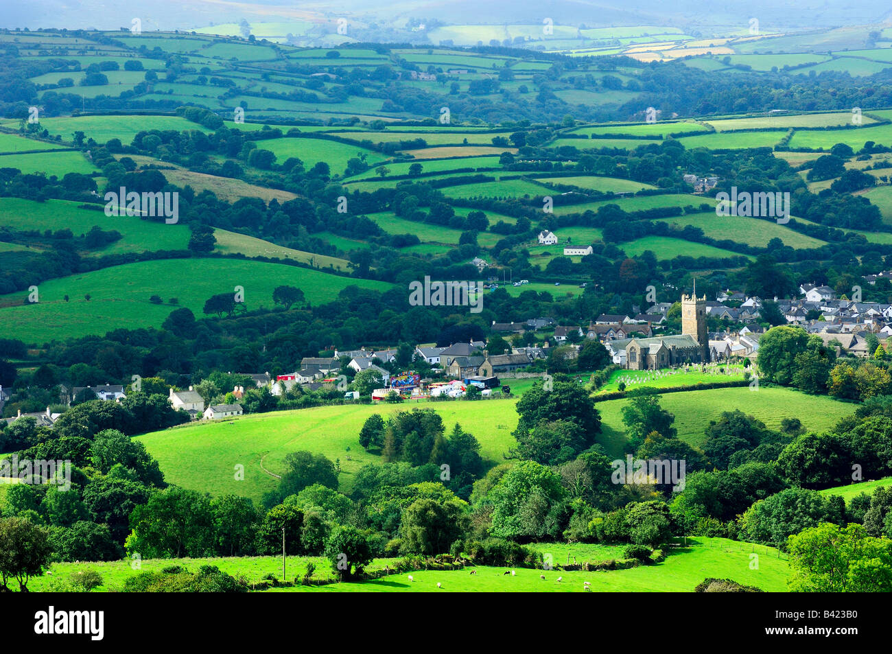 The village of Moretonhampstead on Dartmoor National Park with lush ...