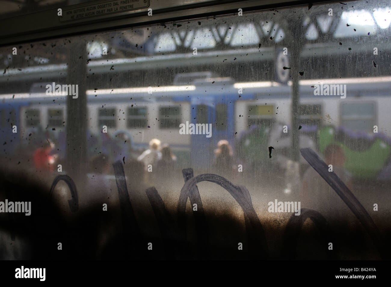 Railway carriage window on Naples train photographed from inside the ...