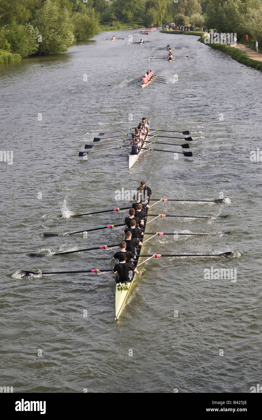 Oxford University college Eights Week rowing race on the River Thames ...