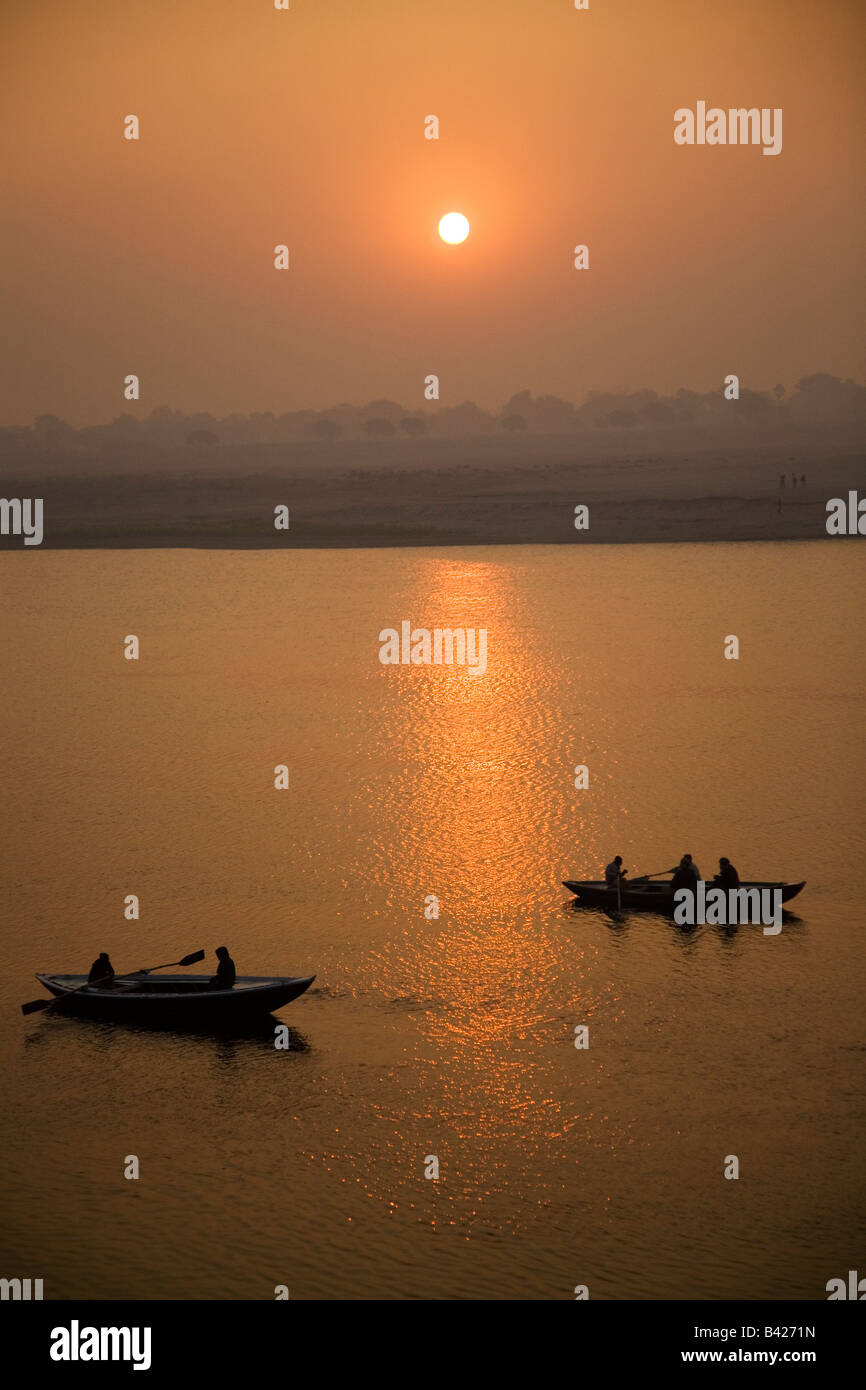 Two boats out on the river Ganges in the city of Varanasi, India Stock ...