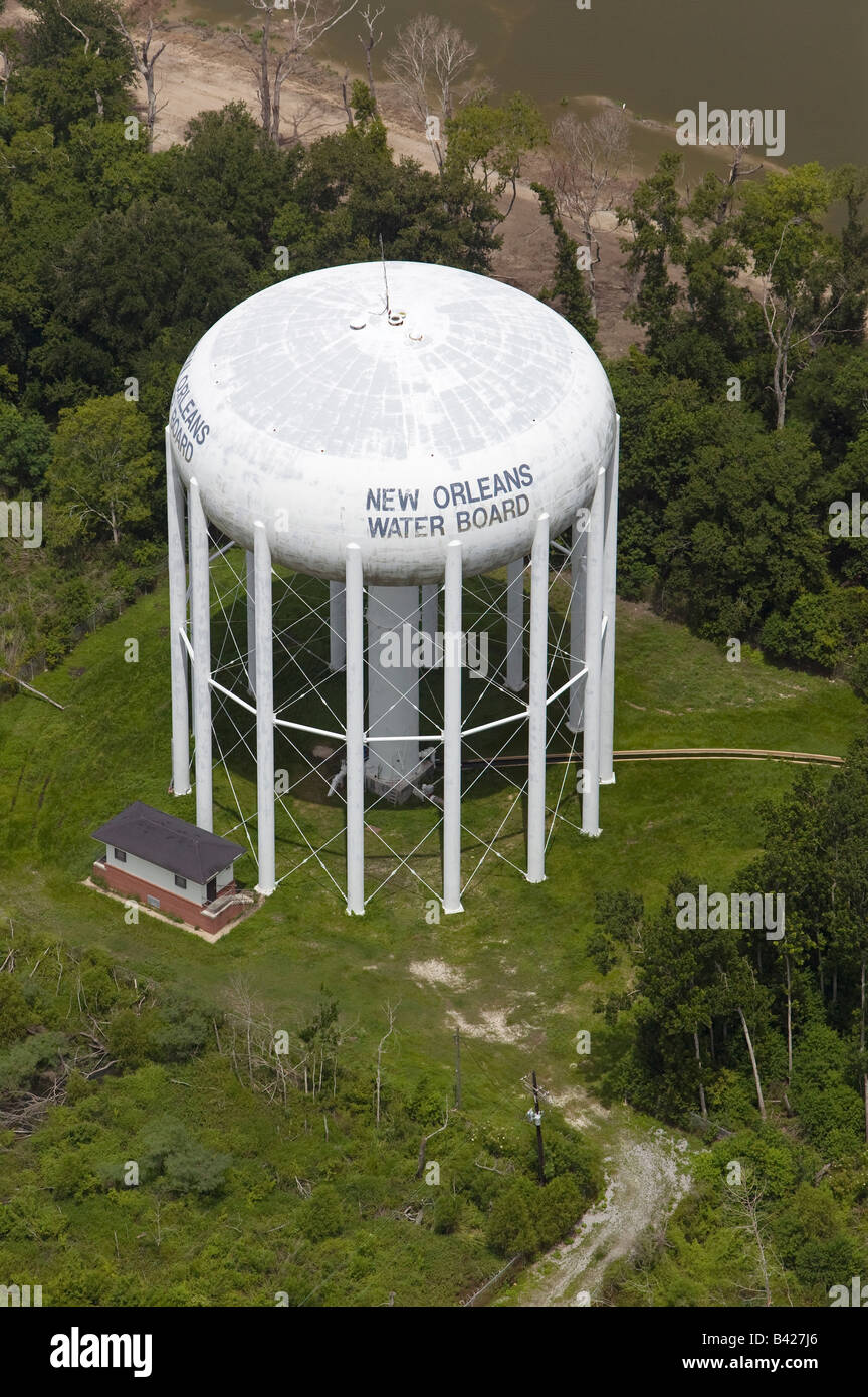 aerial above New Orleans Louisiana Water Board water tower holding tank ...