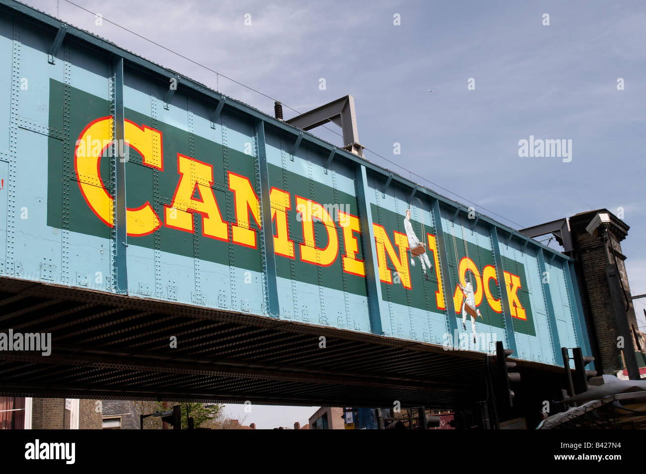 Viaduct over Camden High Street with Camden Lock sign, London Stock ...
