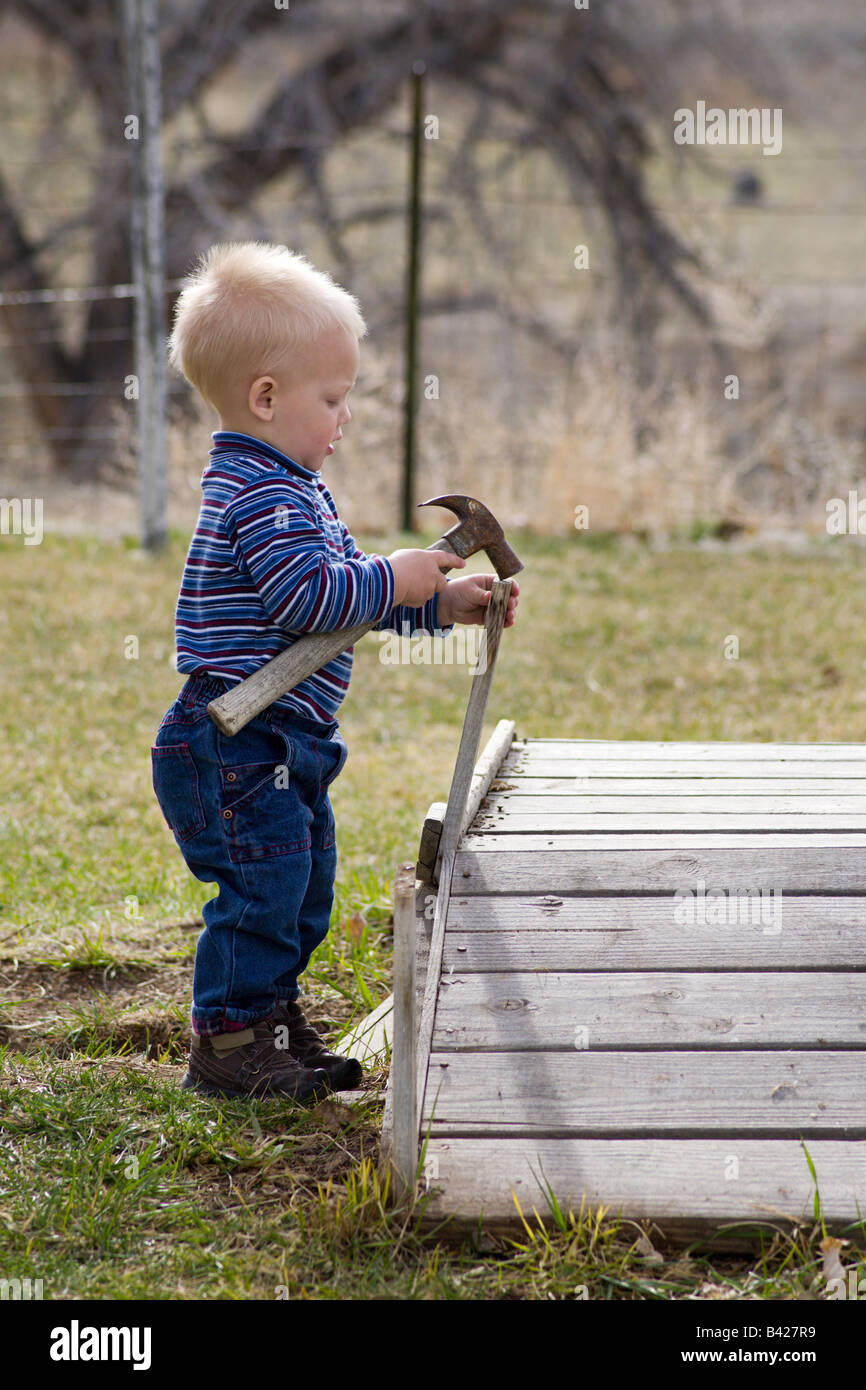 Young boy playing with hammer Stock Photo - Alamy