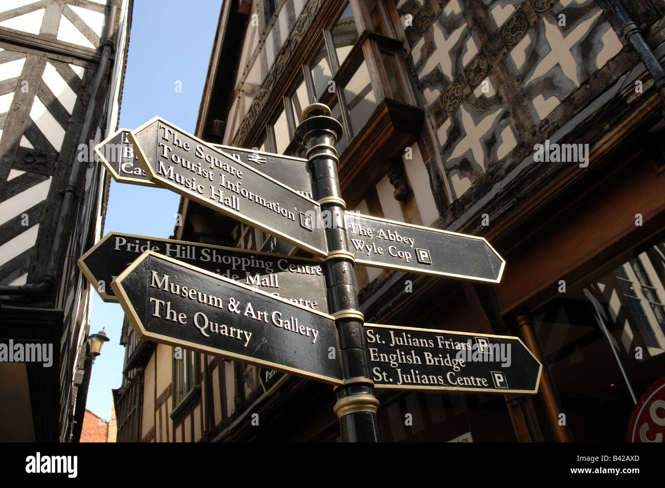 Tourist signpost in Shrewsbury Shropshire England Uk Stock Photo - Alamy