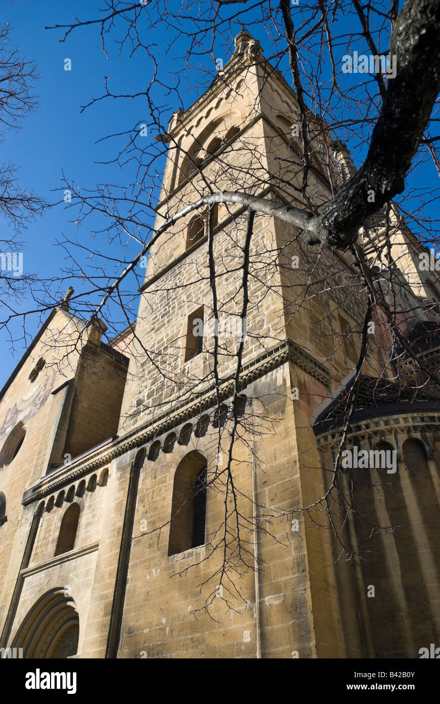 View of the eastern belltower of the Collegiale Neuchatel Switzerland ...
