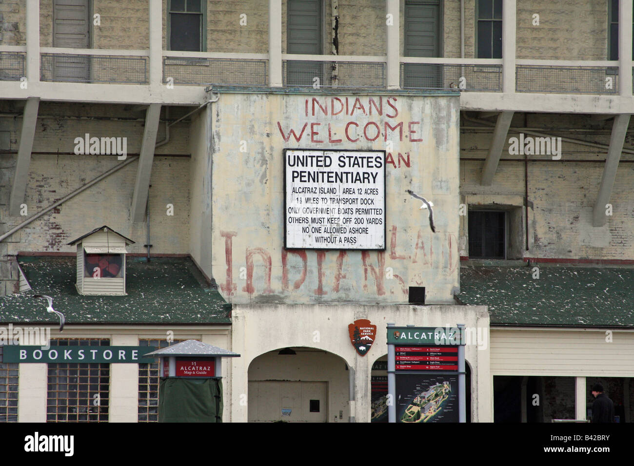 A close-up of a sign that greets tourists as they visit Alcatraz Island ...