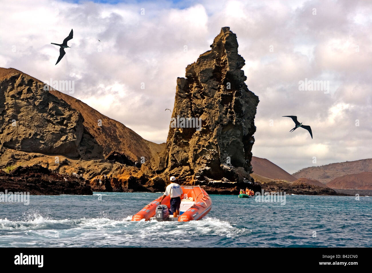 Frigate birds (genus Fregata) and tourists Pinnacle Rock, Bartolomé ...