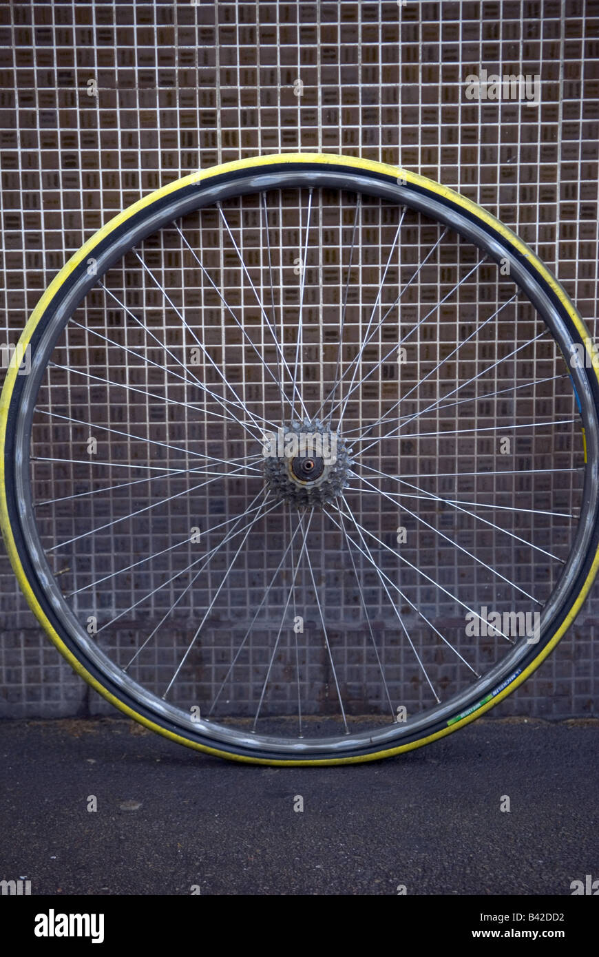 close up of defunct racing bike wheel leaning against tiled wall Stock ...