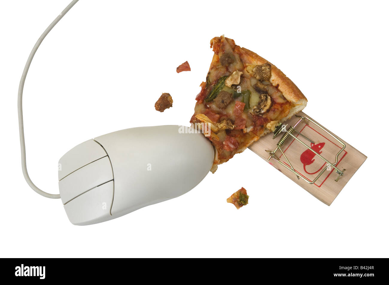 conceptual image of a computer mouse eating pizza in a mouse trap Stock ...