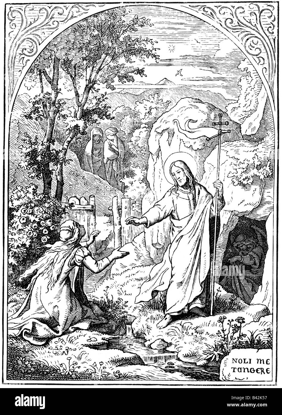 religion, biblical scene, "Noli me tangere" (Do not touch me), woodcut ...