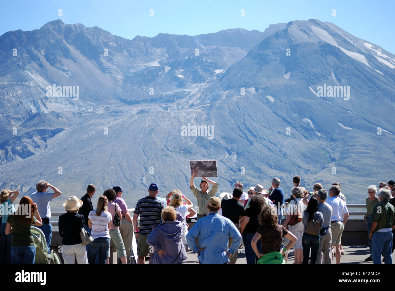 An interpretive ranger gives a presentation at Mt. St. Helens Johnston ...