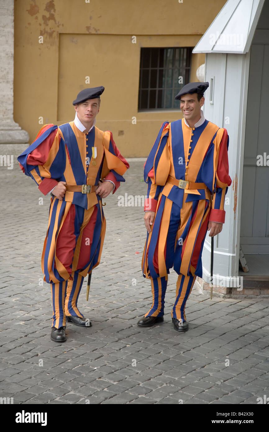 Brightly colored uniforms of Swiss Guard at Vatican City, center of ...
