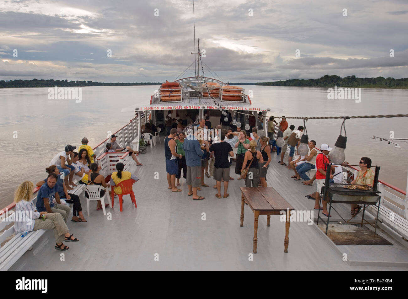 The top deck of a typical public ferry on the Amazon river system - it ...