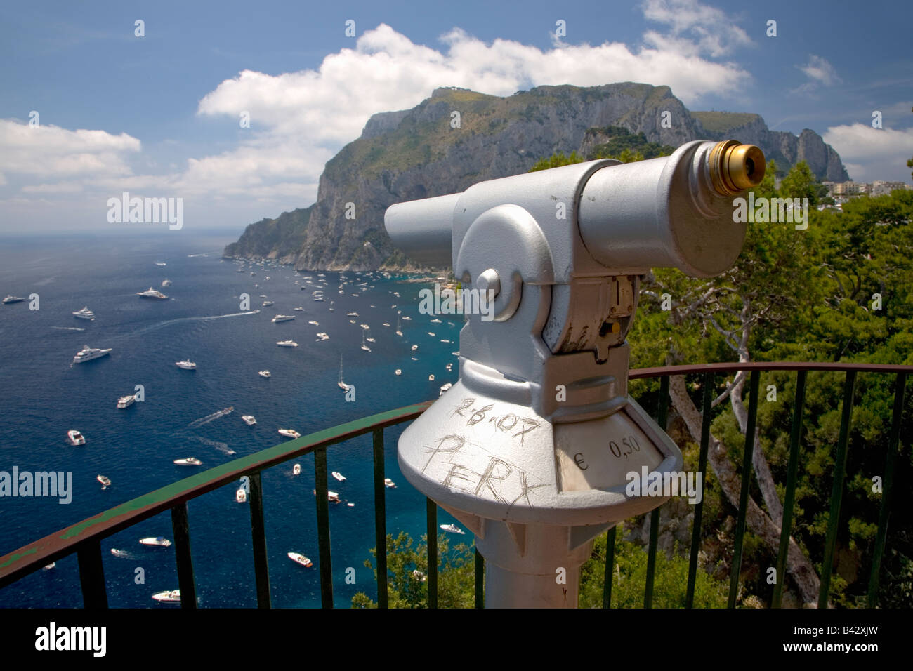 Telescope viewer of City of Capri, an Italian island off the Sorrentine ...