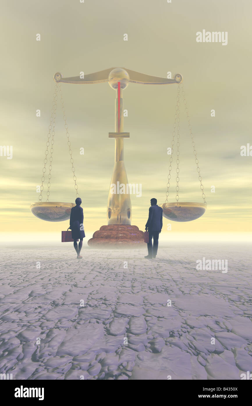 Businesswoman and businessman standing looking up at a balance Stock ...