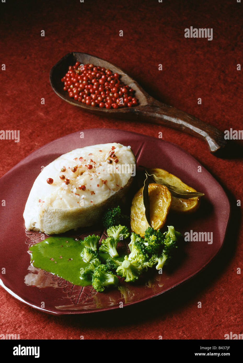 Cod tournedos with watercress coulis,broccoli and patatoes Stock Photo ...