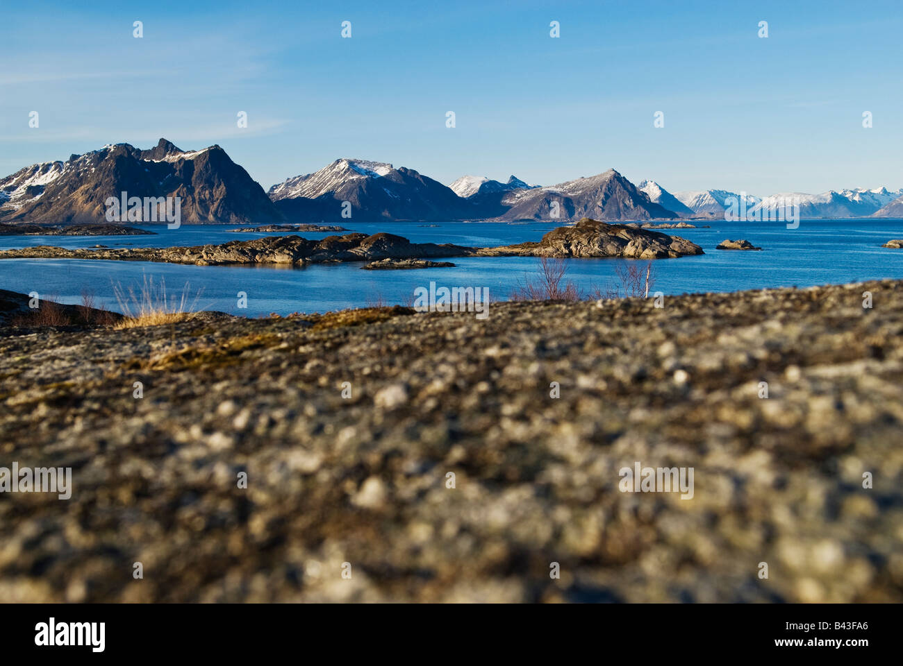 View from Stamsund across fjord to mountains of Vestvagoy, Lofoten ...