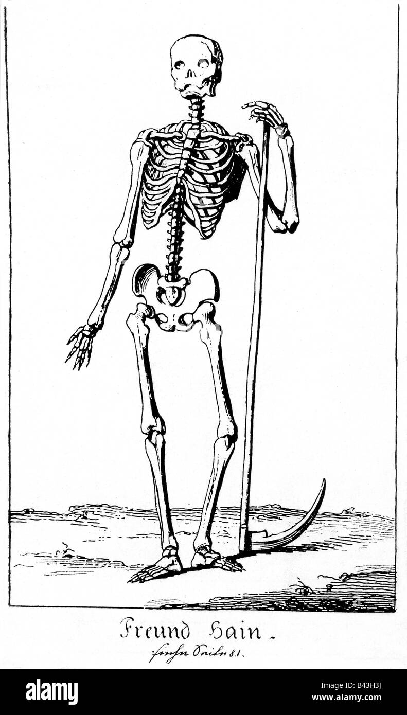 death, skeleton, with scythe, "Freund Hain", woodcut, 18th century ...
