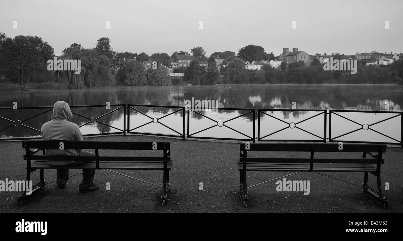Park bench lake in Black and White Stock Photos & Images - Alamy