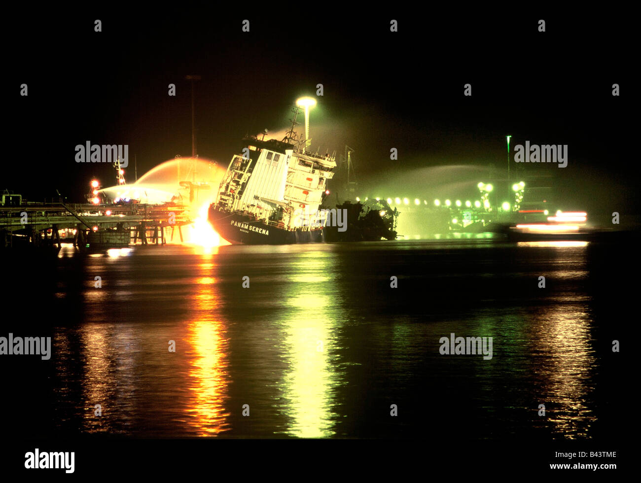 Explosion on the gas cargo Panam Serena this ship was several days burning Stock Photo - Alamy