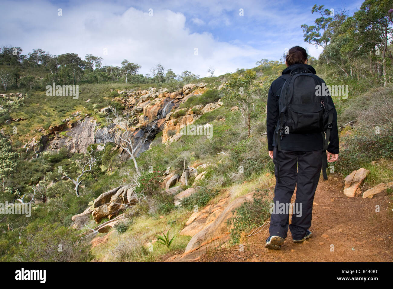 A mid 20s woman bushwalking along a track next to the waterfall at ...