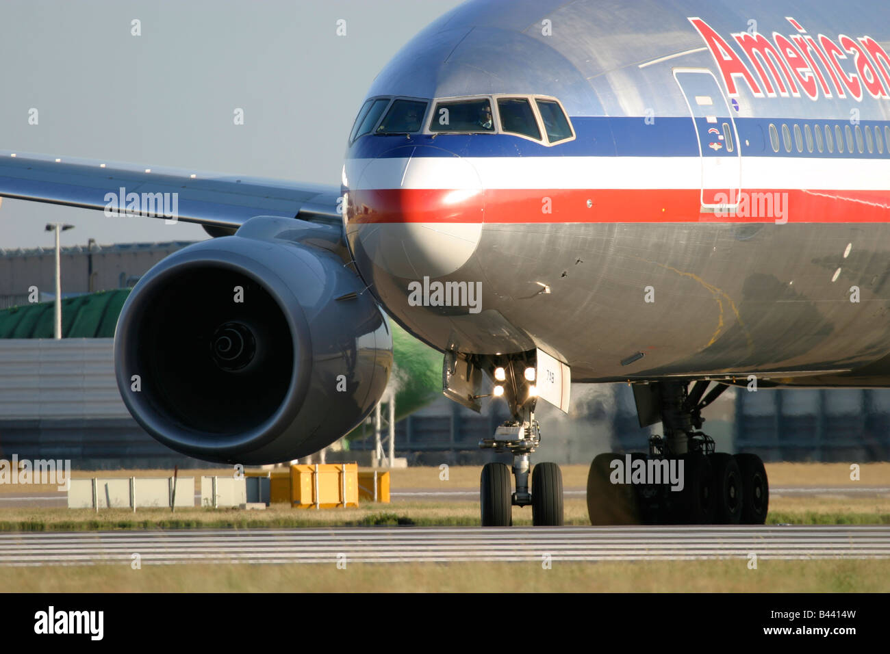 Close-up of Boeing 777 American Airlines taxiing for departure at ...