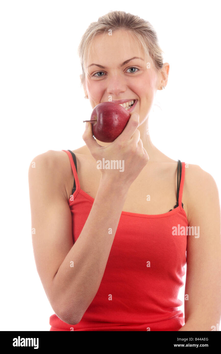 Young Woman Holding Red Apple Model Released Stock Photo - Alamy