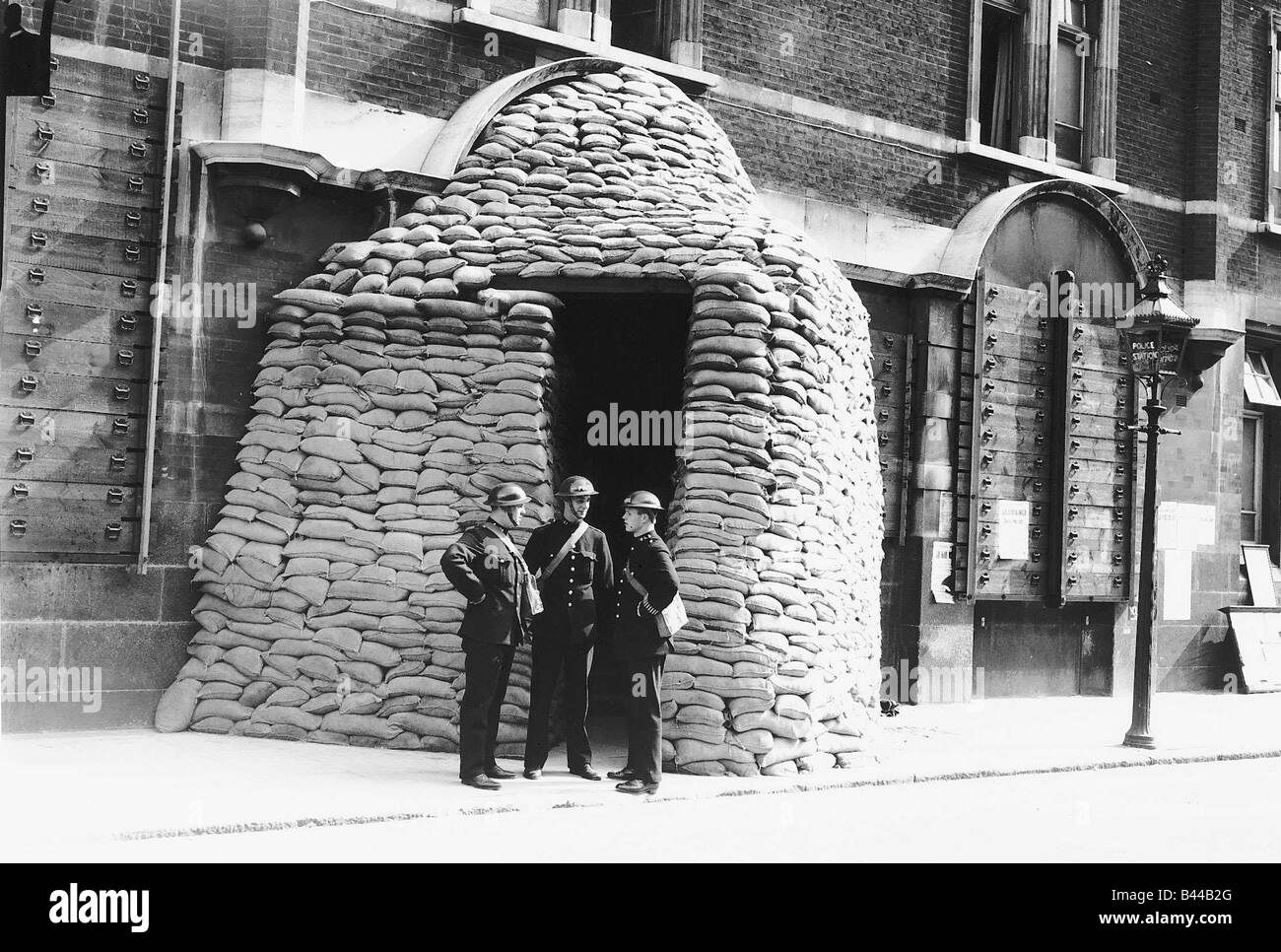 Sandbags Buildings in preparation for bombings at the beginning of the ...