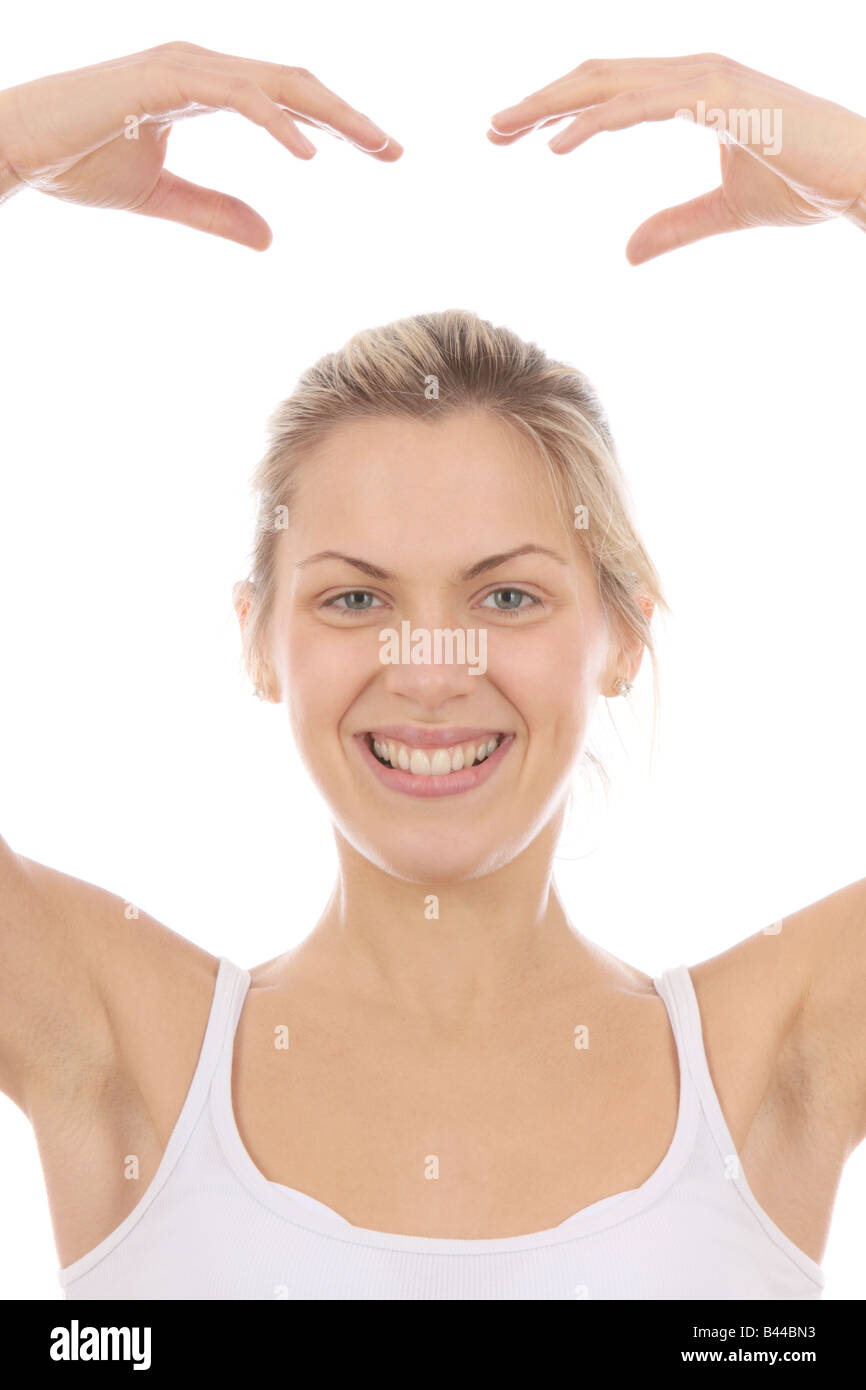 Young Woman Raising Arms above Head Model Released Stock Photo - Alamy